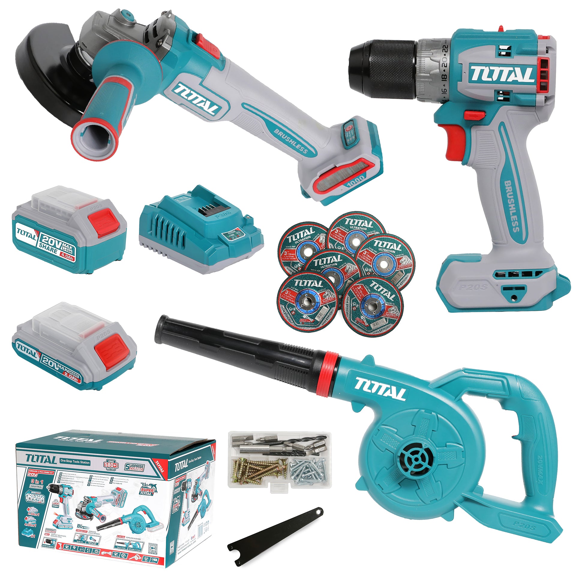 Total Li-Ion 20V Cordless 3pc Combo Kit (with 2 x Batteries & Charger)