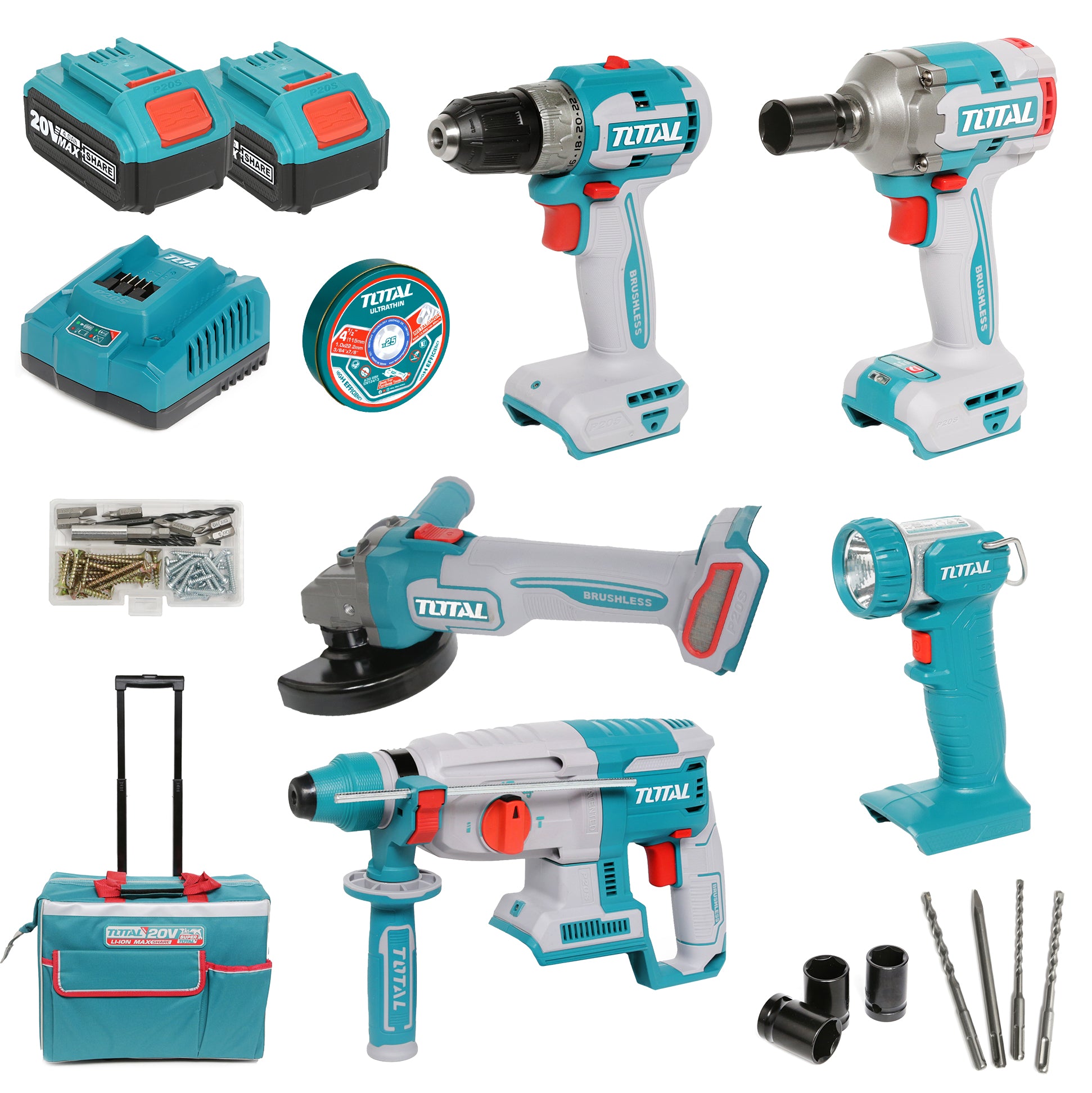 Total Li-Ion 20V Industrial Combo Kit (with 2 x Batteries & Charger)