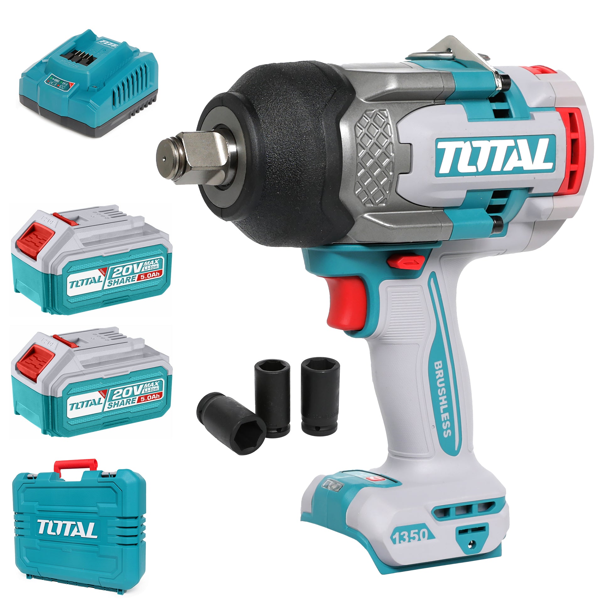 Total Li-Ion 20V Cordless Impact Wrench (with 2 x Batteries & Charger)