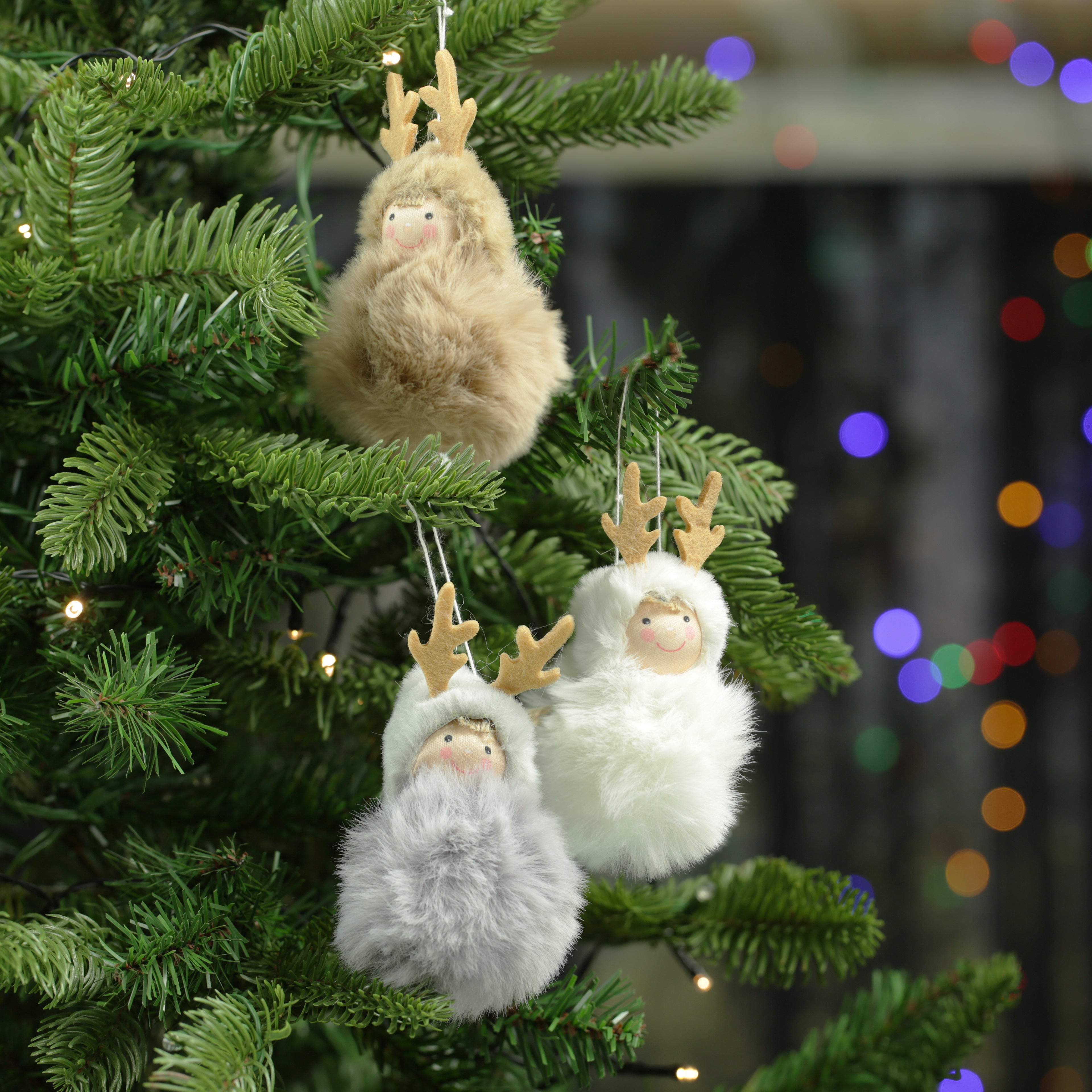 Fluffy Pom Pom Person with Antlers Hanging Decorations - Set of 3 - Ne